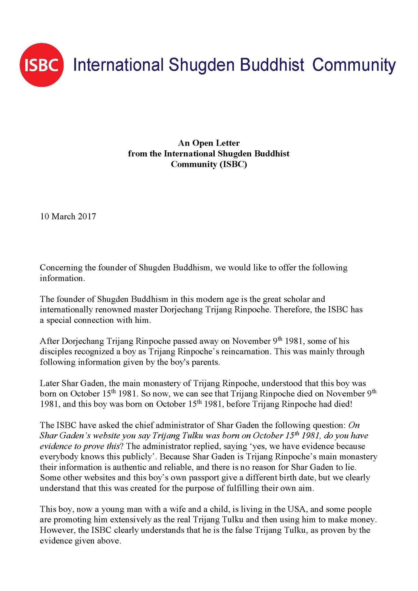 An Open Letter from the International Shugden Buddhist Community (ISBC ...